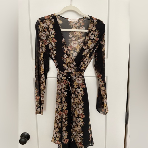 Wayf | Dresses | Wayf Medium Long Sleeve Black Floral Wrap Dress | Poshmark